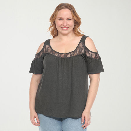 Plus Size White Mark Cold Shoulder Lace Trim Knit Blouse