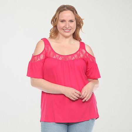 Plus Size White Mark Cold Shoulder Lace Trim Knit Blouse