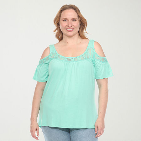 Plus Size White Mark Cold Shoulder Lace Trim Knit Blouse