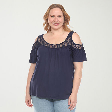 Plus Size White Mark Cold Shoulder Lace Trim Knit Blouse