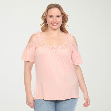 Plus Size White Mark Cold Shoulder Lace Trim Knit Blouse