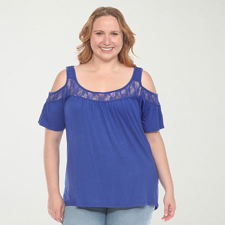 Plus Size White Mark Cold Shoulder Lace Trim Knit Blouse