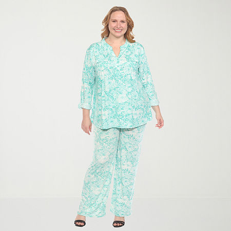 White Mark Plus Size 2-Piece Floral Print Tunic Top and Pants Set - Mint