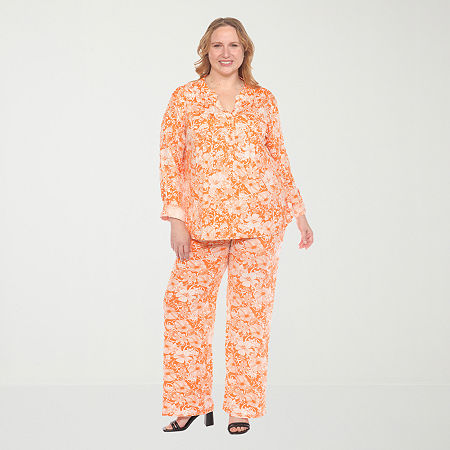 White Mark Plus Size 2-Piece Floral Print Tunic Top and Pants Set - Orange