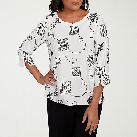Alfred Dunner Santa Barbara Womens Crew Neck 3/4 Sleeve Blouse  Large  White