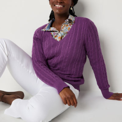 St. John's Bay Womens V Neck Long Sleeve Cable Knit Pullover Sweater ...