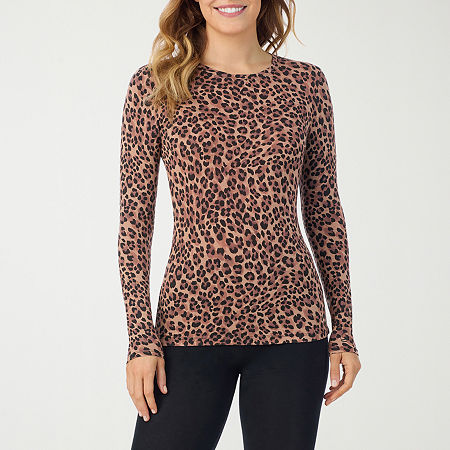 Cuddl Duds Womens Long Sleeve Crewneck Top - Leopard