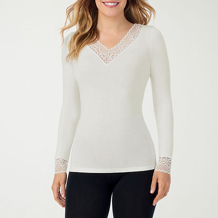 Cuddl Duds Petite Softwear V-Neck Lace Top - Ivory