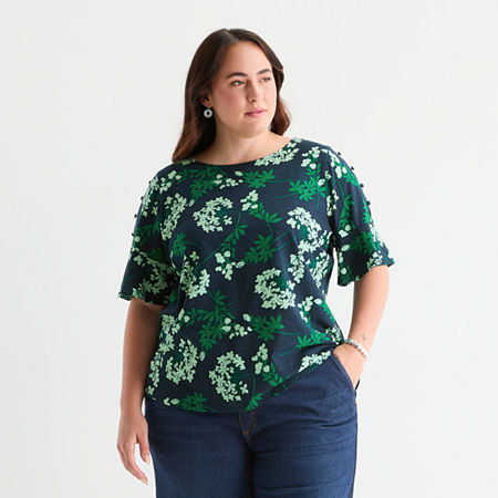 Liz Claiborne Womens Plus Boat Neck Elbow Sleeve Blouse  0x  Blue