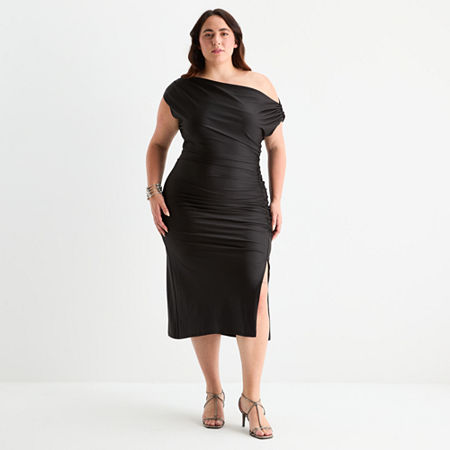 Premier Amour One Shoulder Womens Short Sleeve Midi Plus Sheath Dress  22w  Black