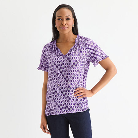 Liz Claiborne Womens Split Tie Neck Short Sleeve Blouse  Medium  Purple