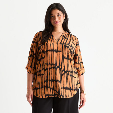 Worthington Womens Split Crew Neck 3/4 Sleeve Blouse  5x  Brown