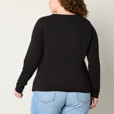 a.n.a Womens Plus Crew Neck Long Sleeve T-Shirt, Color: Black - JCPenney