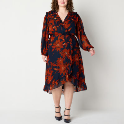 52seven Womens Plus Long Sleeve Floral Fit + Flare Dress, Color: Navy ...