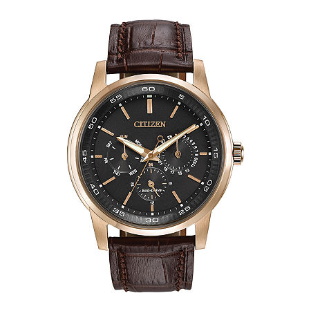 Citizen Mens Dress Eco-Drive Black-Brown Leather Strap Watch 44mm BU2013-08E