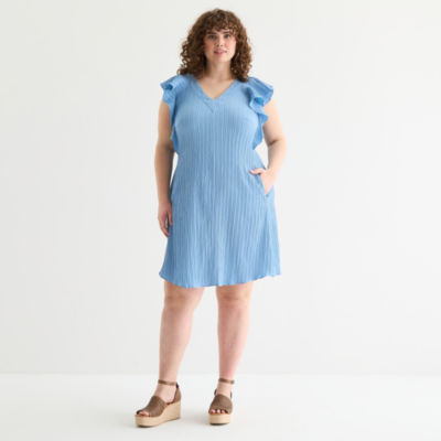 52seven Womens Short Sleeve Shift Dress Plus, Color: Blue - JCPenney
