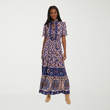 London Style Womens Short Sleeve Abstract Maxi Dress  12  Blue