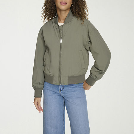 Levis Womens Relaxed Zip-Front Ribbed-Hem Bomber Jacket - Sage