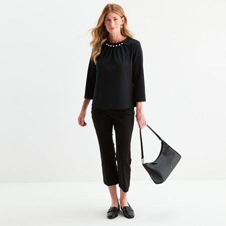 Liz Claiborne Womens Crew Neck 3/4 Sleeve Blouse  Small  Black