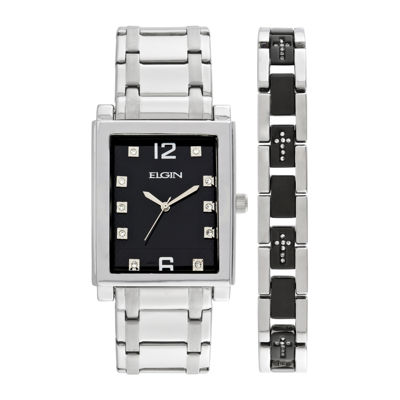 Elgin® Mens Silver/Black Square Bracelet Watch
