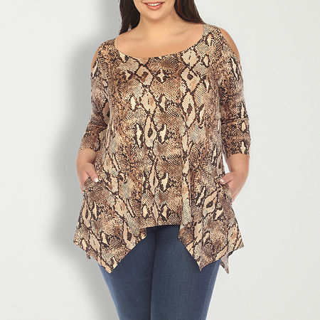 White Mark Plus Size Snake Print Cold Shoulder Tunic Top - Brown