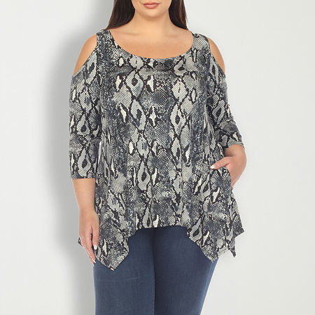 White Mark Plus Size Snake Print Cold Shoulder Tunic Top - Gray