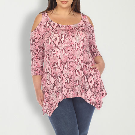White Mark Plus Size Snake Print Cold Shoulder Tunic Top - Pink