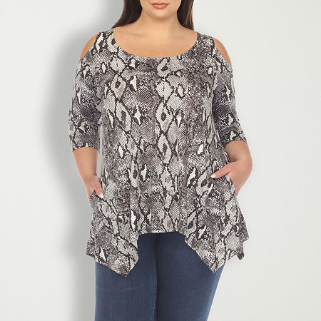 White Mark Plus Size Snake Print Cold Shoulder Tunic Top - White