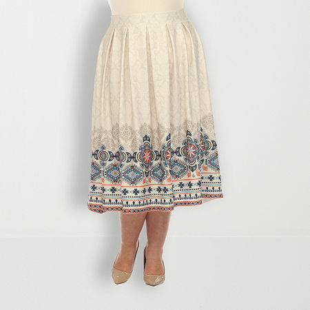 Plus Size White Mark Pleated Skirt with Border Prints