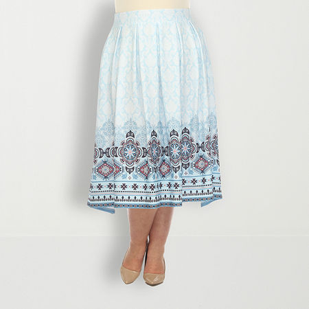 Plus Size White Mark Pleated Skirt with Border Prints