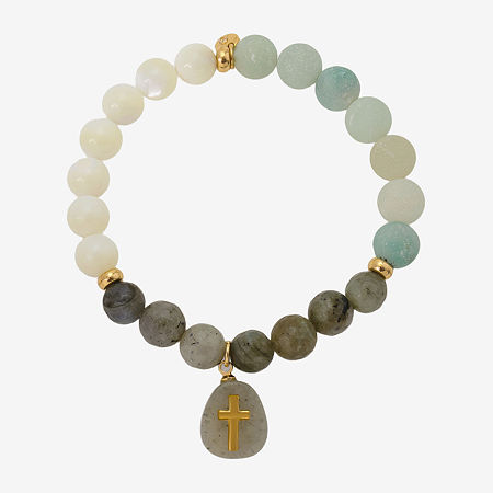 Unwritten Mother of Pearl and Labradorite Cross Charm Stretch Bracelet - Multi