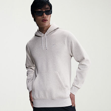 Nike Club Mens Pullover Fleece Logo Hoodie - Birch Heather/White