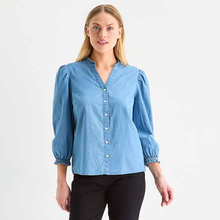 Click here for St. Johns Bay Womens 3/4 Sleeve Denim Blouse  X-la... prices