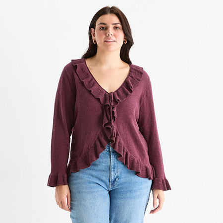 Click here for a.n.a Ruffle Womens V Neck Long Sleeve Tie Plus Ca... prices