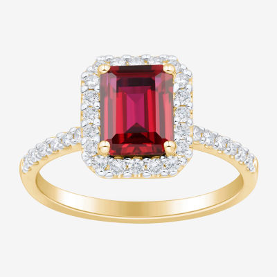 Womens 1/3 CT. T.W. Lab Created Red Ruby 10K Gold Halo Side Stone ...