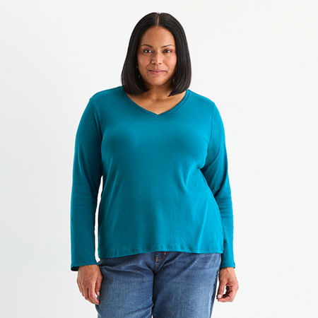 Liz Claiborne Womens V Neck Long Sleeve Plus T-Shirt  2x  Blue