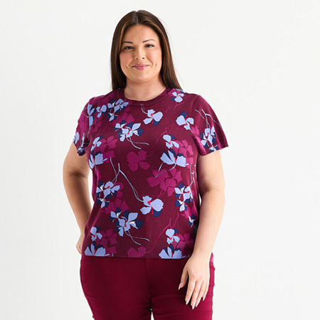 Liz Claiborne Plus Womens Crew Neck Short Sleeve Floral Pullover Sweater  4x  Red