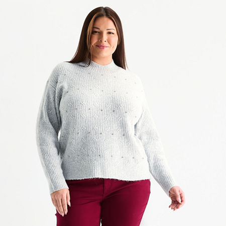 Liz Claiborne Plus Womens Crew Neck Long Sleeve Pullover Sweater  1x  Gray