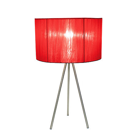 Simple Designs Brushed Nickel Tripod Table Lamp with Pleated Silk Sheer Shade - Red