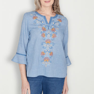 Alfred Dunner Scottsdale Womens Split Crew Neck 3/4 Sleeve Embroidered ...