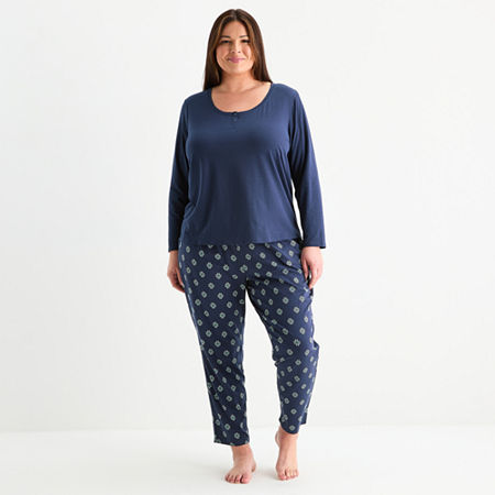 Liz Claiborne Womens Round Neck Long Sleeve 2-pc. Plus Pajama Sets  3x  Blue