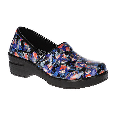 Easy Street Womens Lyndee Slip Resistant Clogs - Blue Geometric Shapes Patent