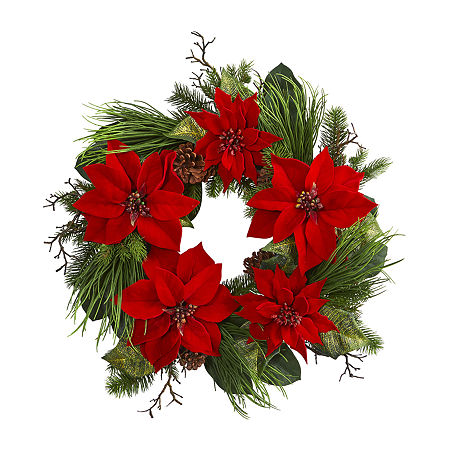 Click here for Nearly Natural 28â Poinsettia And Pine Wreath Wr... prices