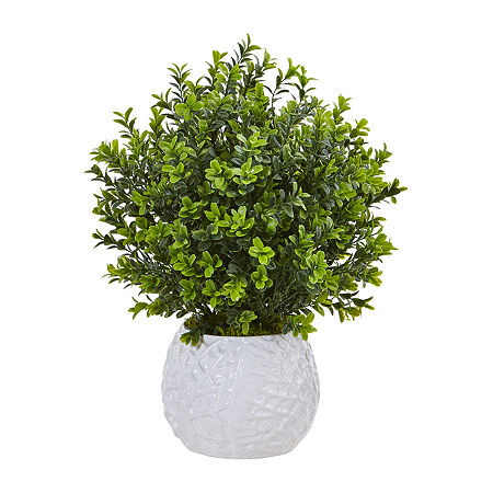 Nearly Natural Boxwood Evergreen Indoor/Outdoor Artificial Plant in White Vase - Green