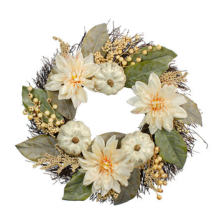 Dahlia and Pumpkin Fall Artificial Floral Wreath  22 - White