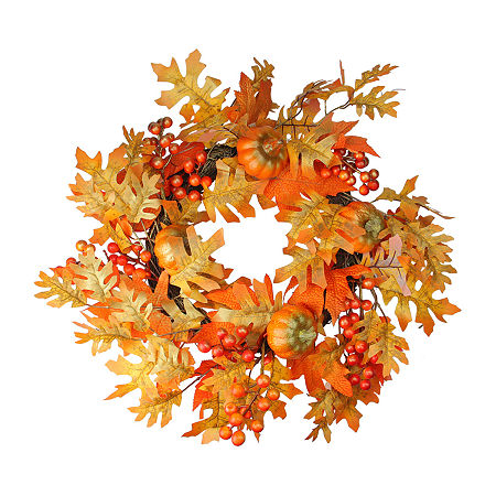 Fall Leaves Pumpkins And Berries Artificial Thanksgiving Wreath Unlit  22 - Orange