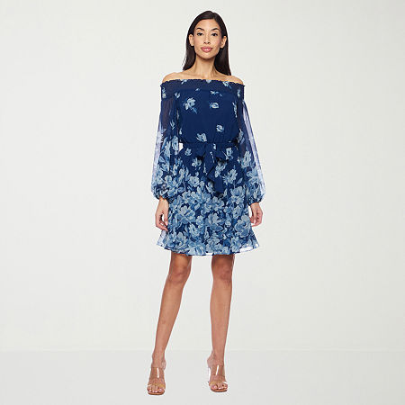 Premier Amour Off The Shoulder Womens Long Sleeve Floral Fit + Flare Dress  6  Blue