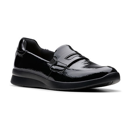 Clarks Womens Collection Ellowyn Penny Shoes - Black Crinkle Patent Synthetic