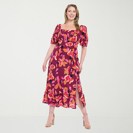 Clover And Sloane Womens Plus Short Sleeve Floral Fit + Flare Dress  22w  Red