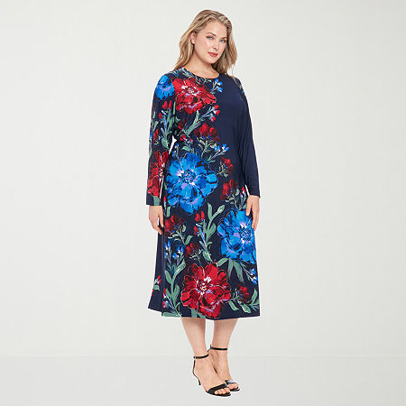 London Times Womens Long Sleeve Midi Floral Plus Shift Dress  3x  Blue